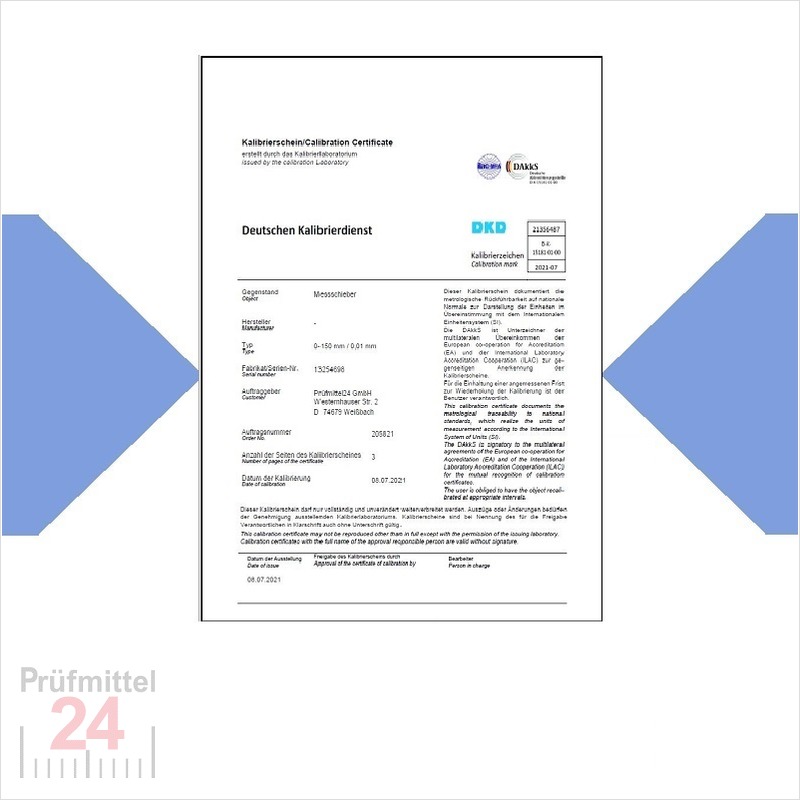 DAkkS Kalibrierung Messschieber bis 500 mm in eine... | Prüfmittel24 GmbH